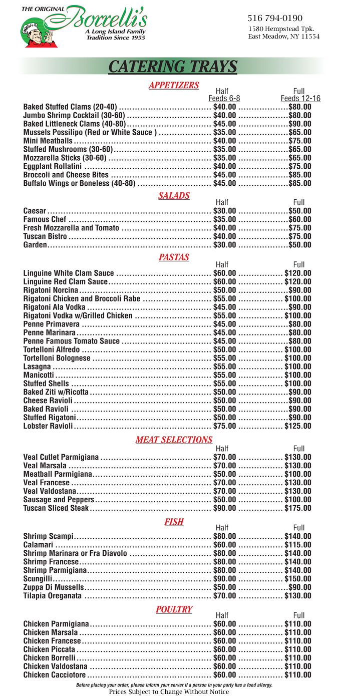 Borrelli's Catering Menu | Borrelli's Restaurant Cafe & Pizzeria