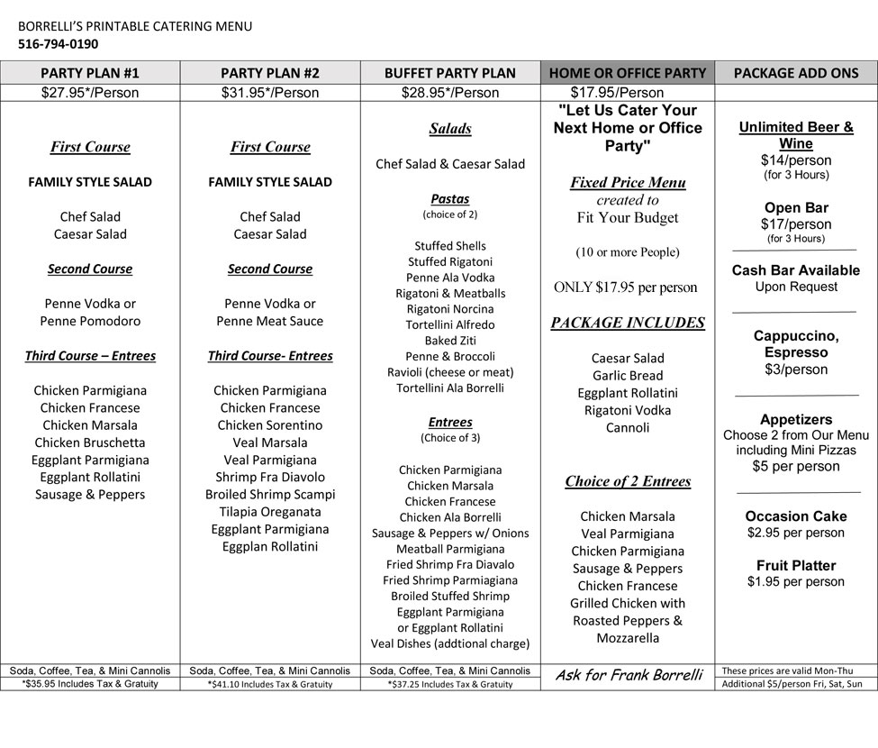 Borrelli's Catering Menu | Borrelli's Restaurant Cafe & Pizzeria